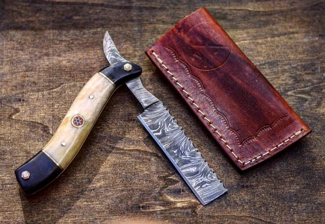 Handmade Damascus Steel Straight Folding Razor With Shaving Ready Boyf ...